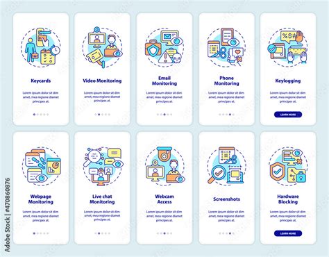 Employee Monitoring Onboarding Mobile App Page Screen Work Tracking Walkthrough 5 Steps Graphic