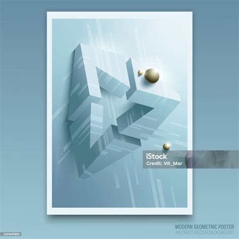 벡터 황금 구체가 있는 불가능한 모양의 체적 3d 그림 원근법에서 차분한 밝은 파란색 톤의 추상적 인 기하학적 구성 인테리어 디자인 및 인쇄를 위한 템플릿 0명에 대한 스톡