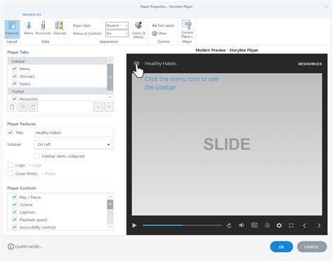 Storyline 360 The Sidebar Is Missing In Player Properties Articulate