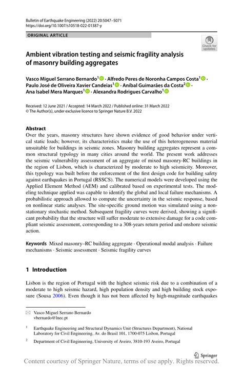 Ambient Vibration Testing And Seismic Fragility Analysis Of Masonry
