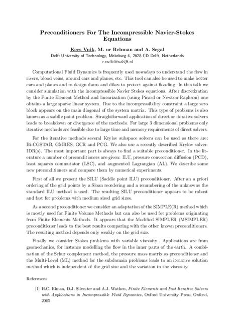 Pdf Preconditioners For Incompressible Navier Stokes Solvers