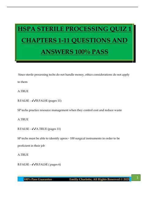 Hspa Sterile Processing Quiz 1 Chapters 1 11 Questions And Answers 100 Pass Sterile