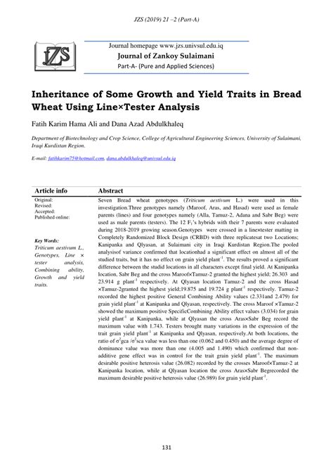 Pdf Inheritance Of Some Growth And Yield Traits In Bread Wheat Using
