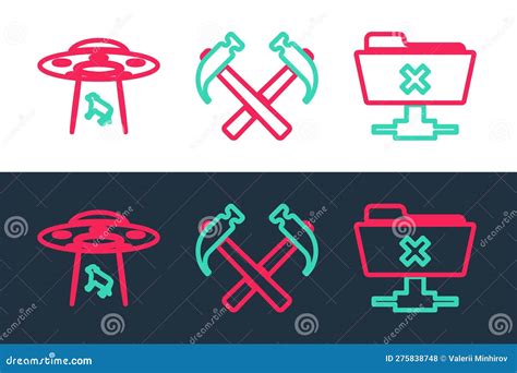 Set Ufo Abducts Cow Two Crossed Hammers Loading And Moon And Stars Icon Vector