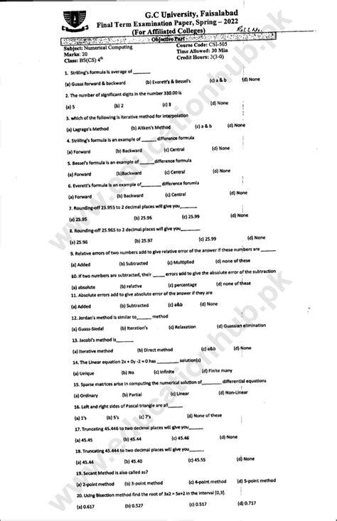Csi 412 Numerical Computing Bscs Gcuf Past Paper Spring 2022