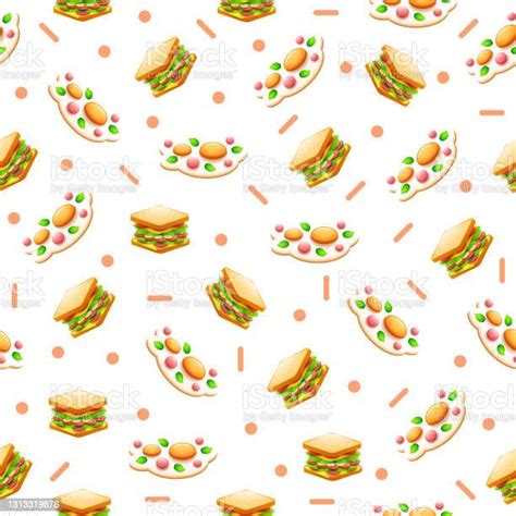 원활한 패턴 추상 요소 샌드위치와 오믈렛 패스트 푸드 벡터 디자인 스타일 배경 일러스트 고기에 대한 스톡 벡터 아트 및 기타 이미지 고기 길거리 음식 다중 색상