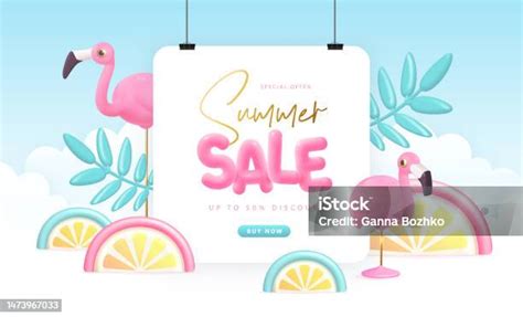 여름 큰 판매 타이포그래피 포스터 3d 플라스틱 텍스트 플라밍고 및 열대 잎 여름 배경입니다 벡터 그림입니다 3차원 형태에 대한 스톡 벡터 아트 및 기타 이미지 Istock