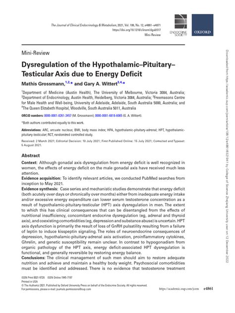 Dysregulation Of The Hypothalamicpituitary Testicular Axis Due To