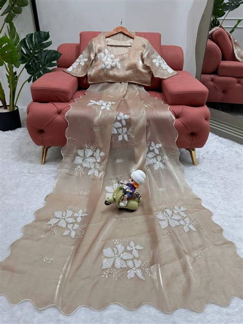 Party Wear Golden Color Jimmy Chu Sequence Work Saree Blouse Ville Fashions