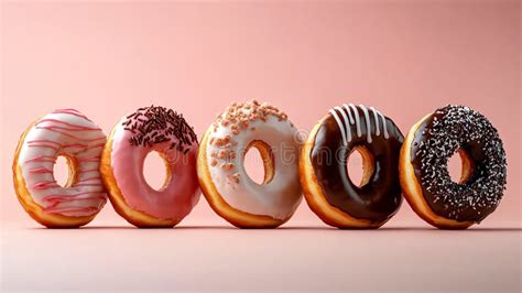 Colorful Assorted Donuts With Various Toppings On A Pastel Pink Background Stock Illustration