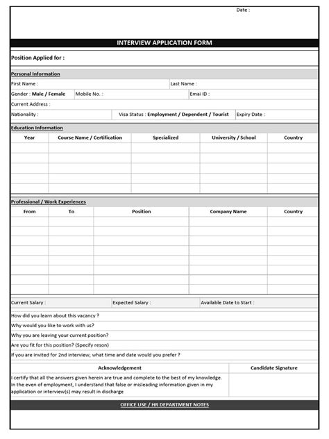 Interview Application Form Pdf