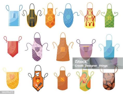포켓과 다른 디자인 형태와 밝은 색상의 주방 앞치마 컬렉션 흰색 배경에 고립 된 패턴 배경이있는 다채로운 보호 복 세트 0명에 대한 스톡 벡터 아트 및 기타 이미지 Istock