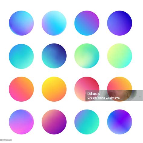 둥근 홀로 그래픽 그라데이션 구 세트 트 렌 디 한 스타일의 그라데이션 화려한 구체 여러 가지 빛깔의 둥근 단추 또는 선명한 색 구체를 평평 하 게 설정 합니다 벡터