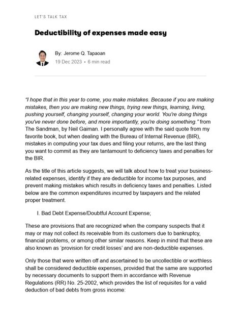 Allowable Deduction Bir Pdf Expense Taxes