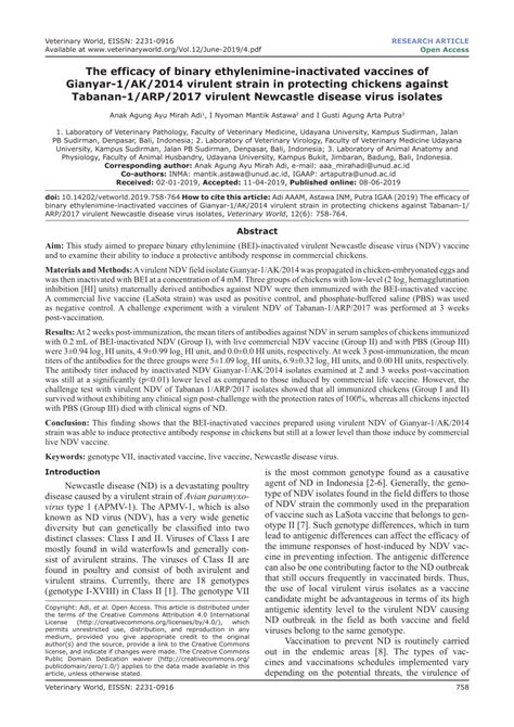 Pdf The Efficacy Of Binary Ethylenimine Inactivated Vaccines Of Gianyar 1 Ak 2014 Virulent