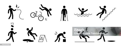 사고 픽토그램 남자 아이콘입니다 미끄러지는 가을 자전거 부착 전기 충격 픽토그램 기호 세트 경고 위험 아이콘 스틱 남자 떨어짐에 대한 스톡 벡터 아트 및 기타 이미지