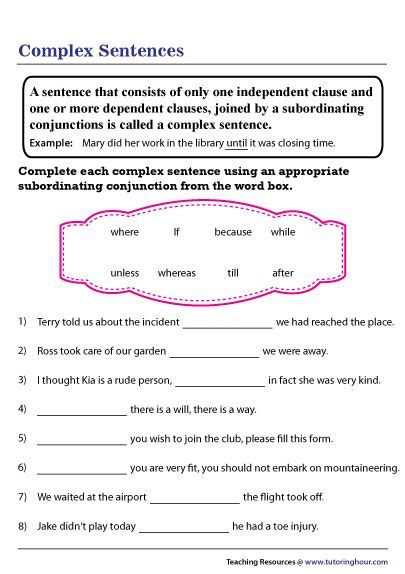 Complex Sentence Worksheet