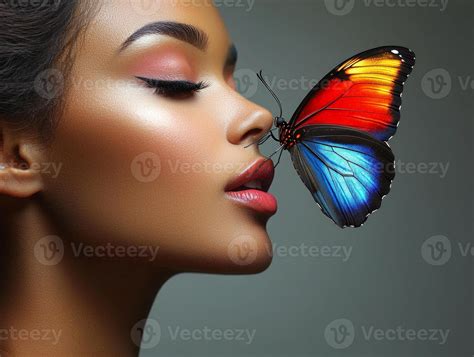 Model Poses Gracefully Vibrant Butterfly Hovering Just Above Her Lips