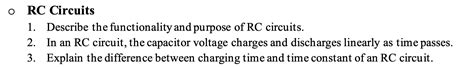 Solved RC Circuits 1 Describe The Functionality And Purpose Chegg Com