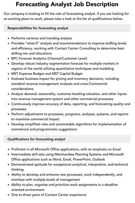 Forecasting Analyst Job Description Velvet Jobs
