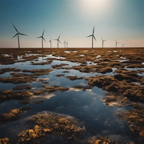 Ai Generated Illustration Of An Array Of Wind Turbines In A Wetland