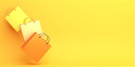 노란색 배경에 빈 오렌지 색 쇼핑 백 복사 공간 텍스트 할로윈 날 또는 가을 판매 이벤트에 대한 디자인 창조적 인 개념 소매 소비자주의에 대한 스톡 사진 및 기타 이미지