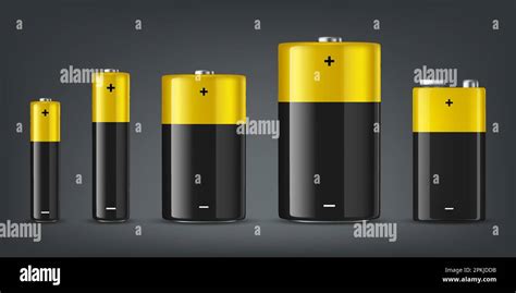 Vector 3d Realistic Black And Yellow Alkaline Battery Icon Set Closeup Isolated Diffrent Size