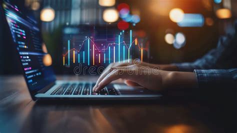 Close Up Of Hands Typing On Laptop With Financial Graphs And Charts Overlayed Stock Illustration