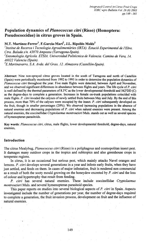 Pdf Population Dynamics Of Planococcus Citri Risso Homoptera Pseudococcidae In Citrus