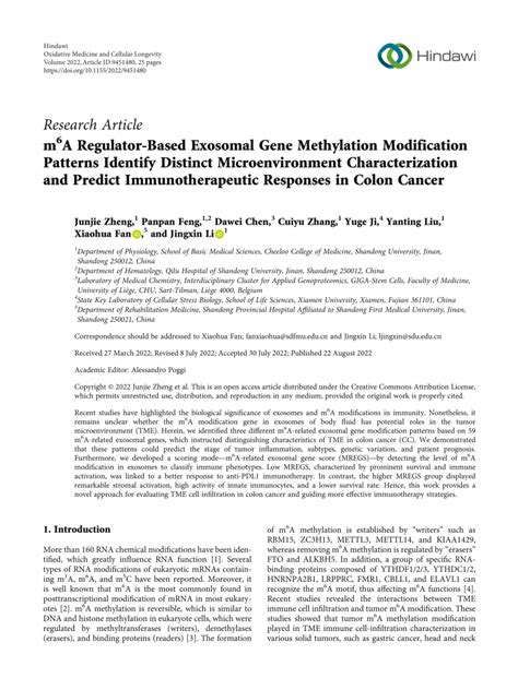 Pdf M6a Regulator Based Exosomal Gene Methylation Modification Patterns Identify Distinct