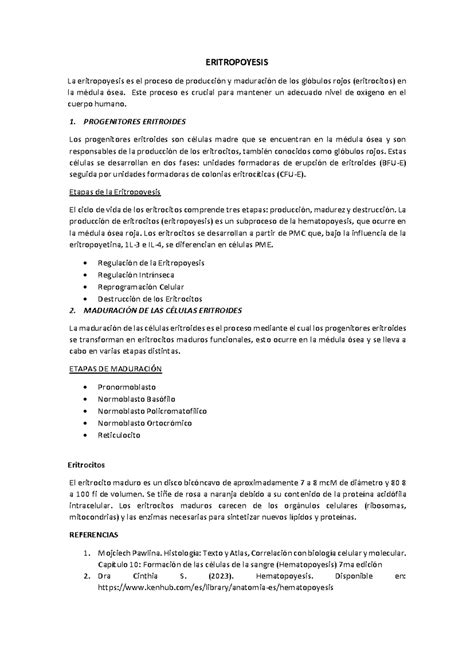 Eritropoyesis Er Eritropoyesis La Eritropoyesis Es El Proceso De Producción Y Maduración De