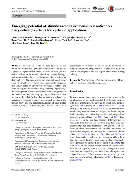 Pdf Emerging Potential Of Stimulus Responsive Nanosized Anticancer Drug Delivery Systems For