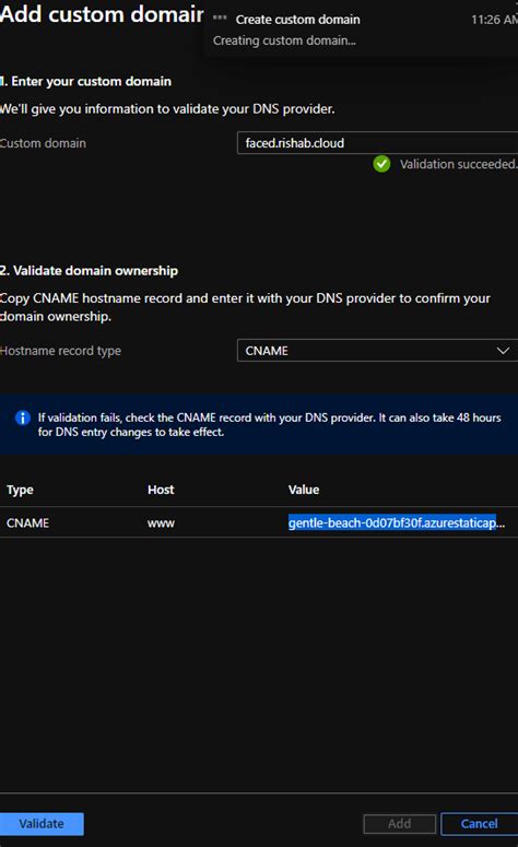 adding custom domain and ssl certificate azure static web apps dev