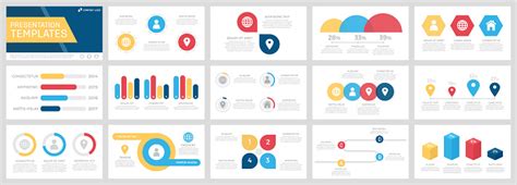 그래프와 차트가있는 다목적 프리젠 테이션 템플릿 슬라이드에 대한 노란색 파란색 및 빨간색 요소 세트 슬라이드쇼에 대한 스톡 벡터 아트 및 기타 이미지 Istock