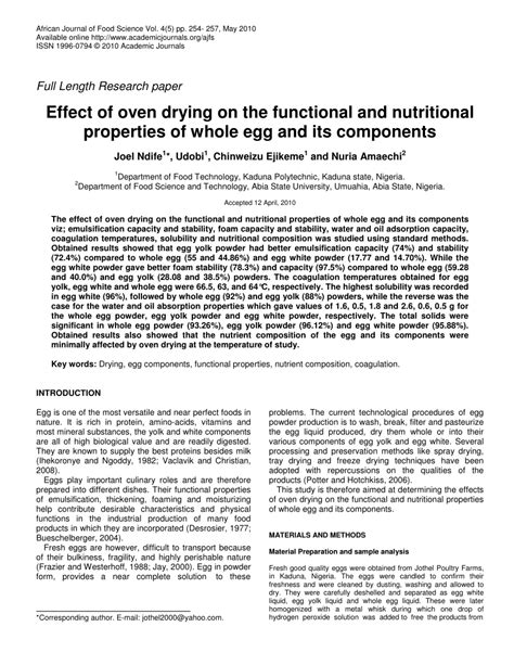 Pdf Effect Of Oven Drying On The Functional And Nutritional Properties Of Whole Egg And Its