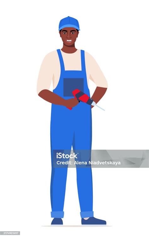 파란색 제복을 입은 수리공 또는 정비사 흑인 캐릭터 벡터 일러스트 레이 션 공구상자에 대한 스톡 벡터 아트 및 기타 이미지 공구상자 공사장 인부 기계공 Istock