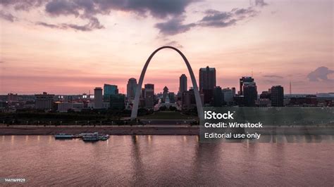Aerial Scenic Shot Of The Gateway Arch From Across The River Downtown