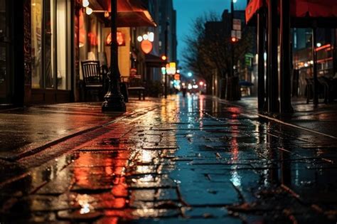 Premium Photo A City Street At Night With Rain On The Ground