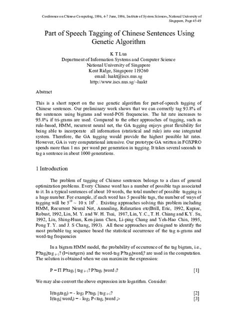 Pdf Part Of Speech Tagging Of Chinese Sentences Using Genetic Algorithm