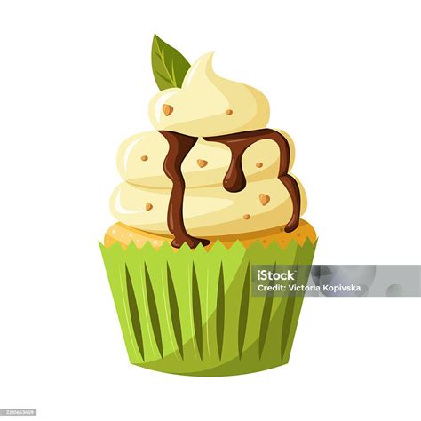 피스타치오와 민트 잎이 있는 컵케익은 흰색 배경에 고립되어 있습니다 벡터 귀여운 만화 그림입니다 베이커리 가게 디저트 달콤한 제품 요리 박하 요리에 대한 스톡 벡터 아트 및