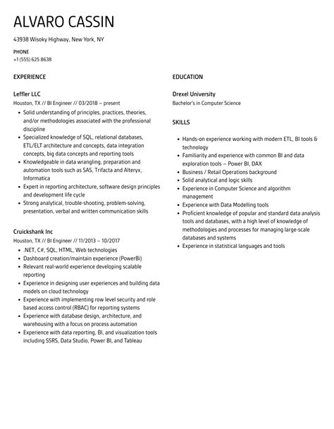 Bi Engineer Resume Samples Velvet Jobs