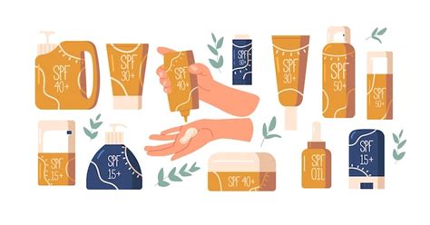자외선 차단 크림은 Spf로 구성된 유해한 자외선으로부터 피부를 보호하여 일광화상과 손상을 방지하여 야외 활동 만화 벡터 일러스트 중에 피부를 건강하고 보호합니다