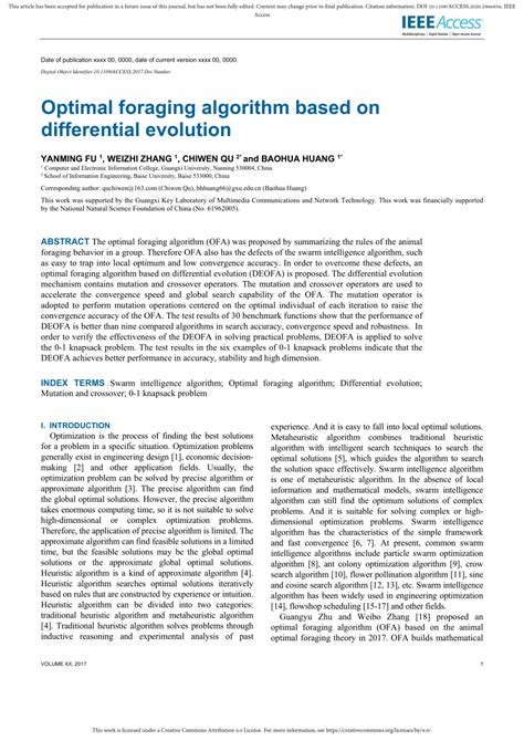 pdf optimal foraging algorithm based on differential evolution