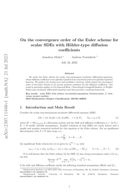 On The Convergence Order Of The Euler Scheme For Scalar Sdes With Hölder Type Diffusion