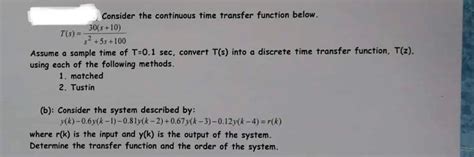 Solved Consider The Continuous Time Transfer Function Below Ts