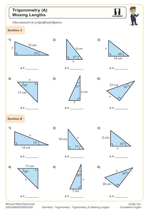 trigonometry a missing lengths worksheet printable maths worksheets