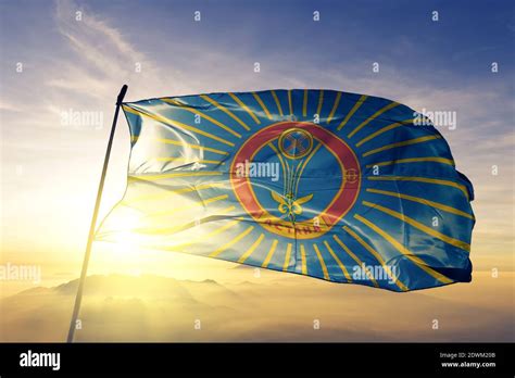 Astana Nur-Sultan city of Kazakhstan flag waving on the top sunrise ...