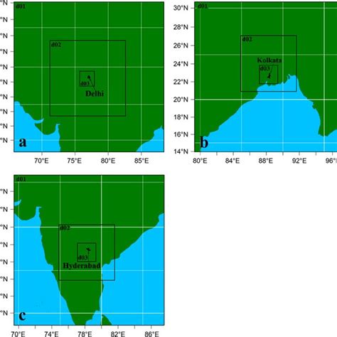 Domains Used In The Wrf And Wrf Ucm Simulations In A Delhi B Kolkata Download Scientific