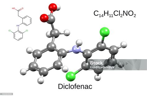 화학 공식 골격 공식 및 비 스테로이드 성 항염증제 Diclofenac의 3d 볼 앤 스틱 모델 흰색 배경 염소 화학에 대한 스톡 사진 및 기타 이미지 Istock