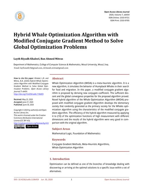 Pdf Hybrid Whale Optimization Algorithm With Modified Conjugate